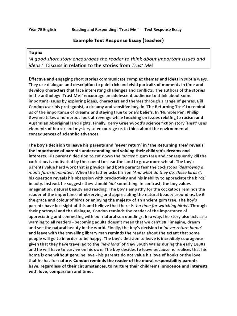 Example Text Response Essay (Teacher) Topic | PDF | Short Stories | Essays