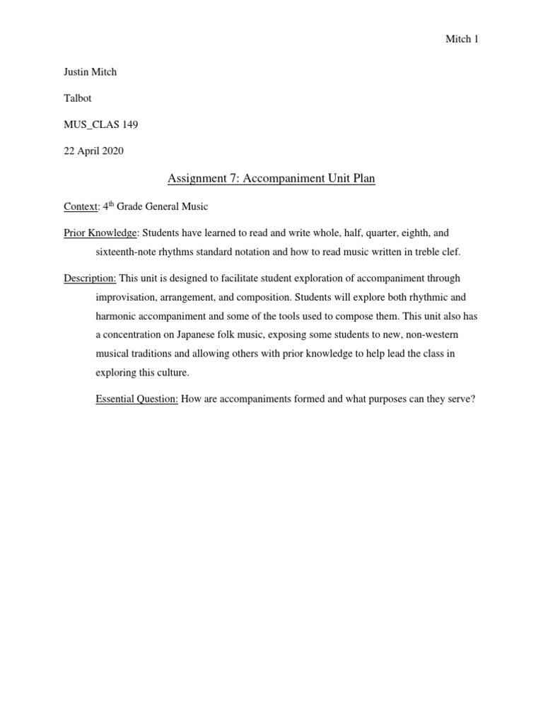 4th Grade Music Accompaniment Unit Plan | PDF | Rhythm | Musical ...