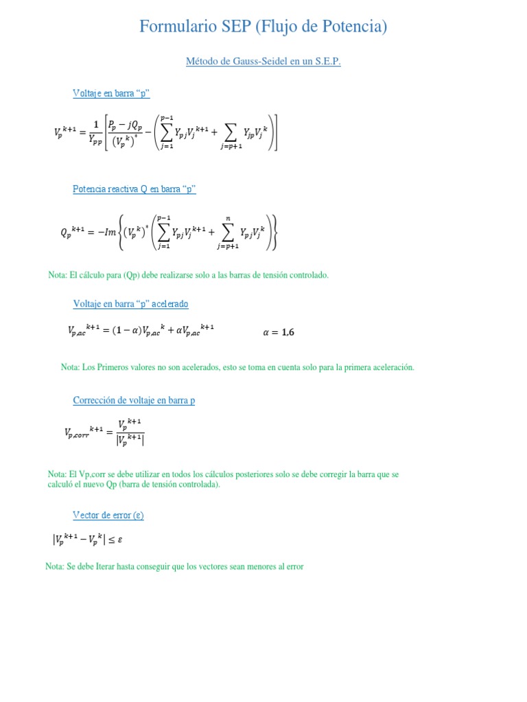 Formulario SEP Flujo de Potencia PDF | PDF | Iteración | Energia electrica