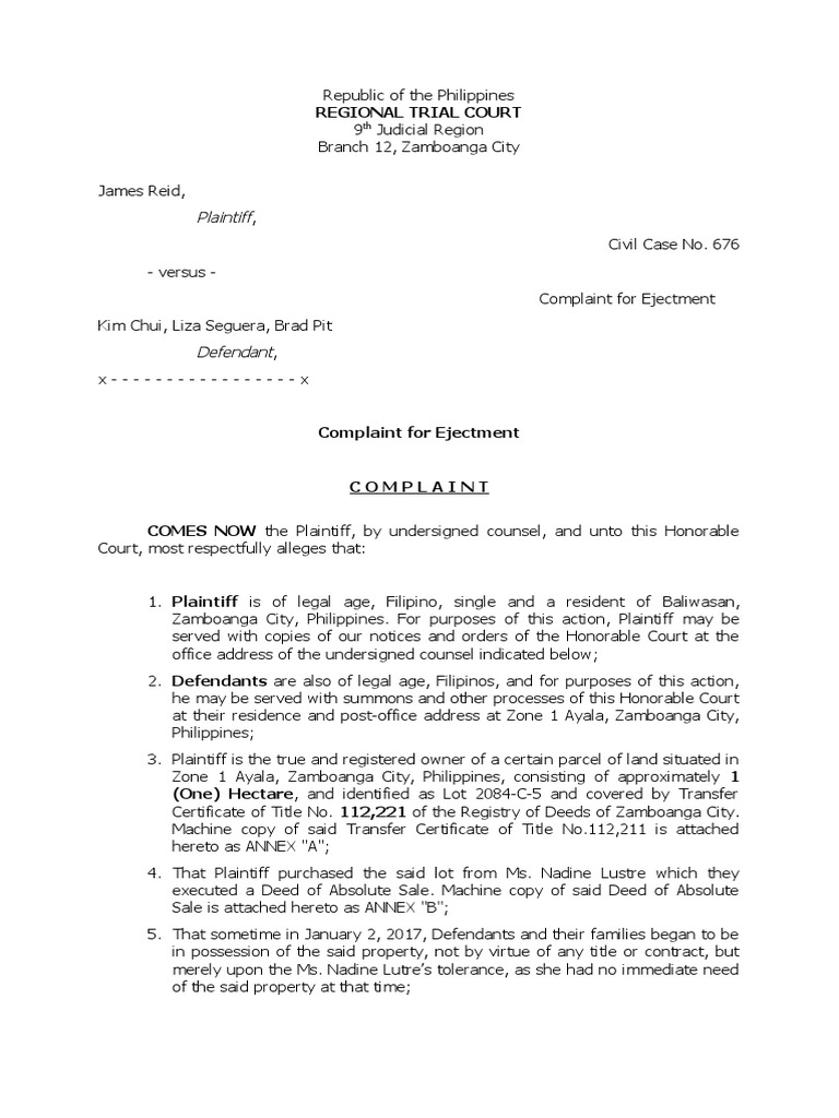 Complaint For Ejectment | PDF | Affidavit | Complaint