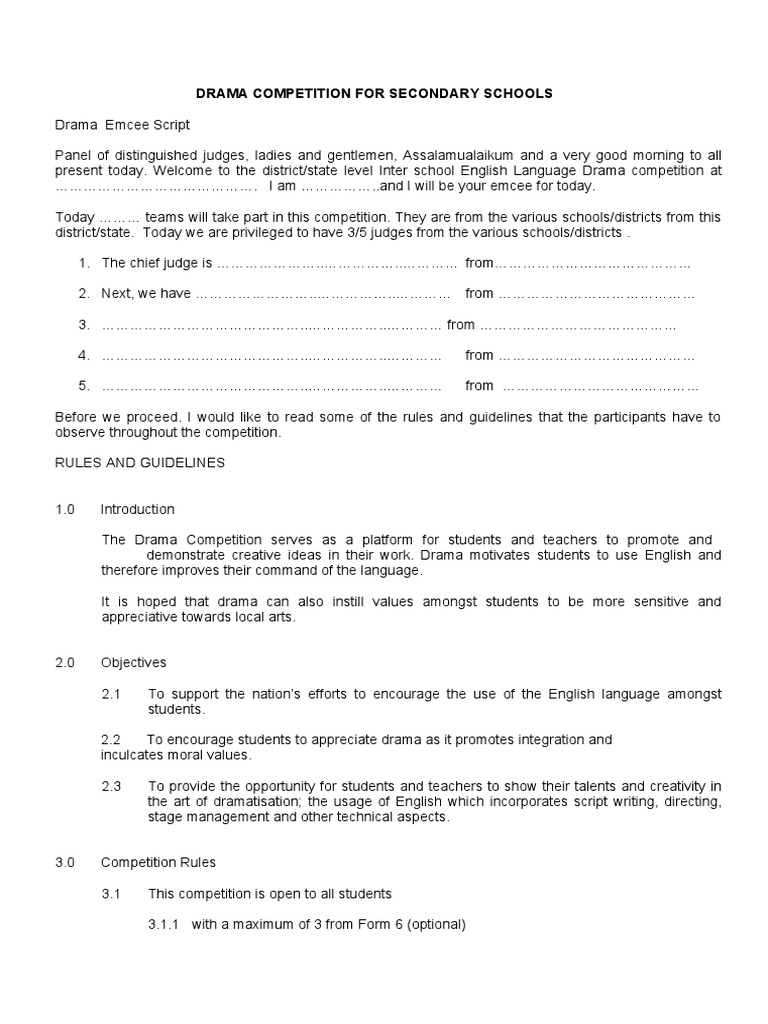 Emcee Script DRAMA COMPETITION FOR SECONDARY SCHOOLS | PDF