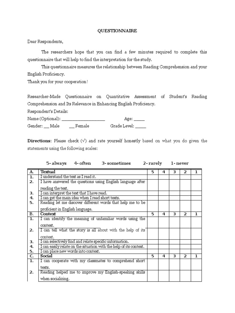 Questionnaire: Based On What You Do Given The Statements Using The ...