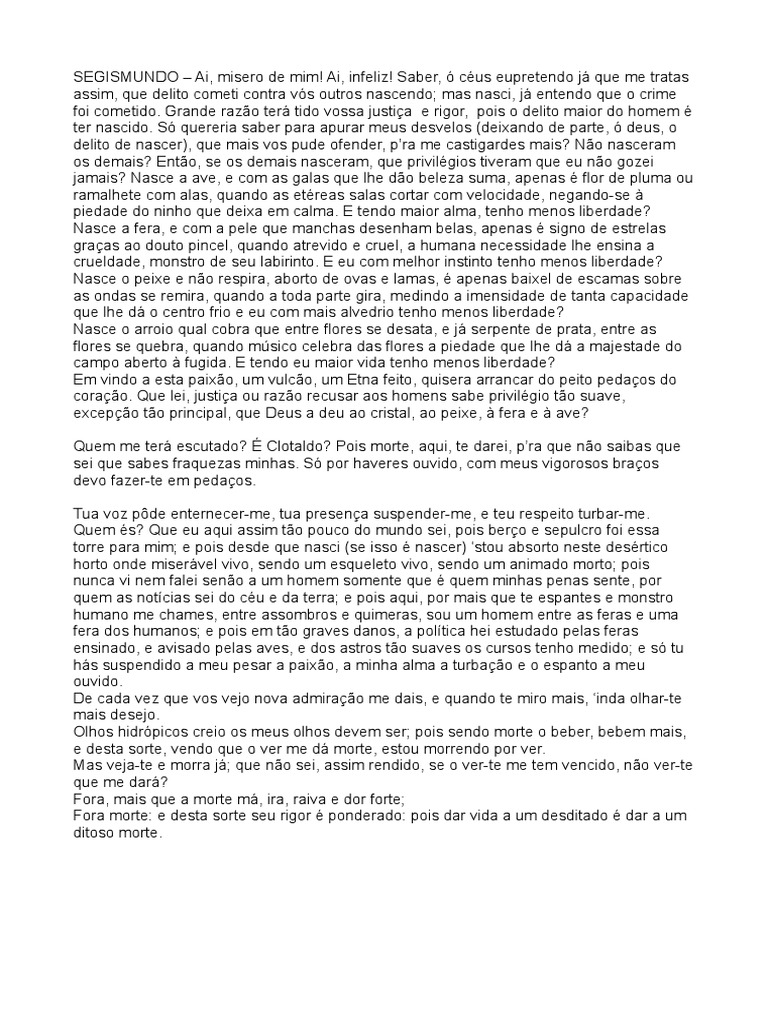 Monólogo Segismundo - A Vida É Sonho | PDF | Direito | Religião e ...