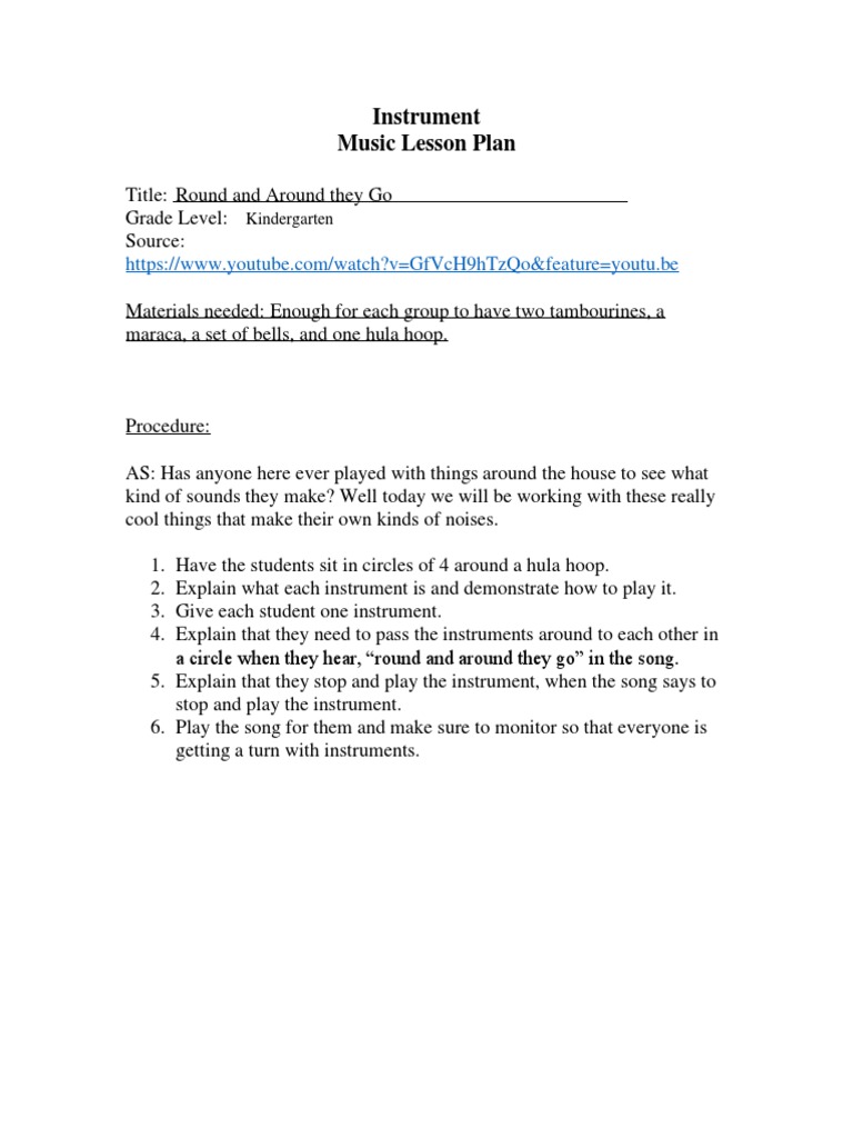 Instrument Music Lesson Plan: Kindergarten | PDF | Behavior ...