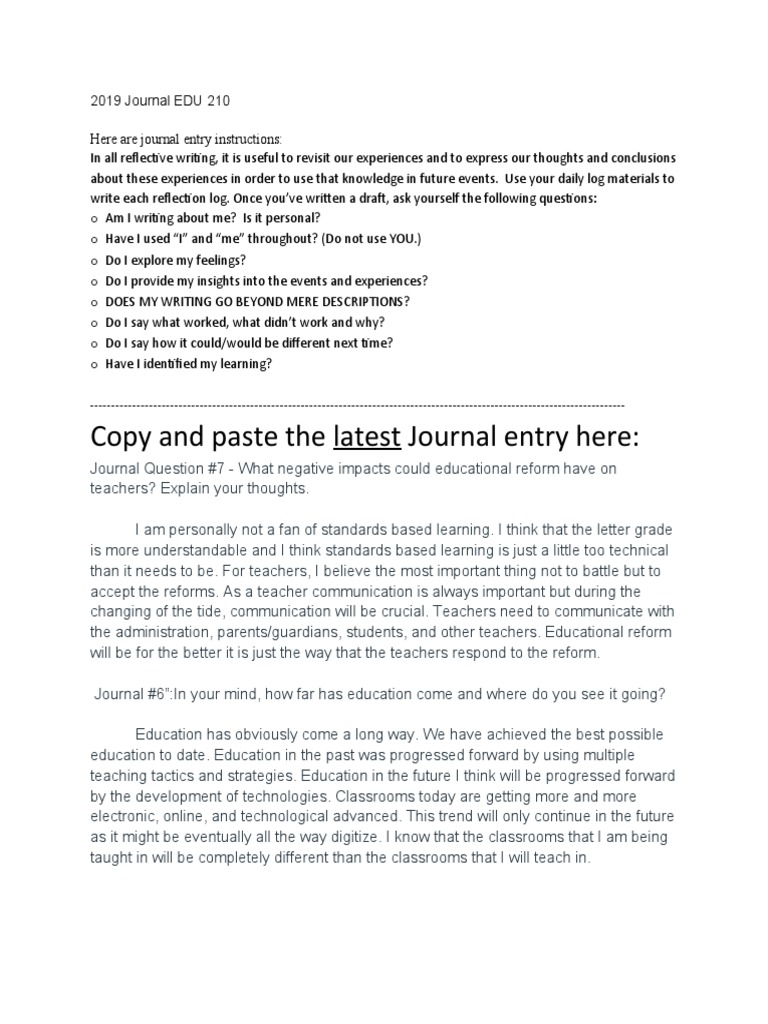 Reflective Journal Entries on Education | PDF | Teacher Education ...