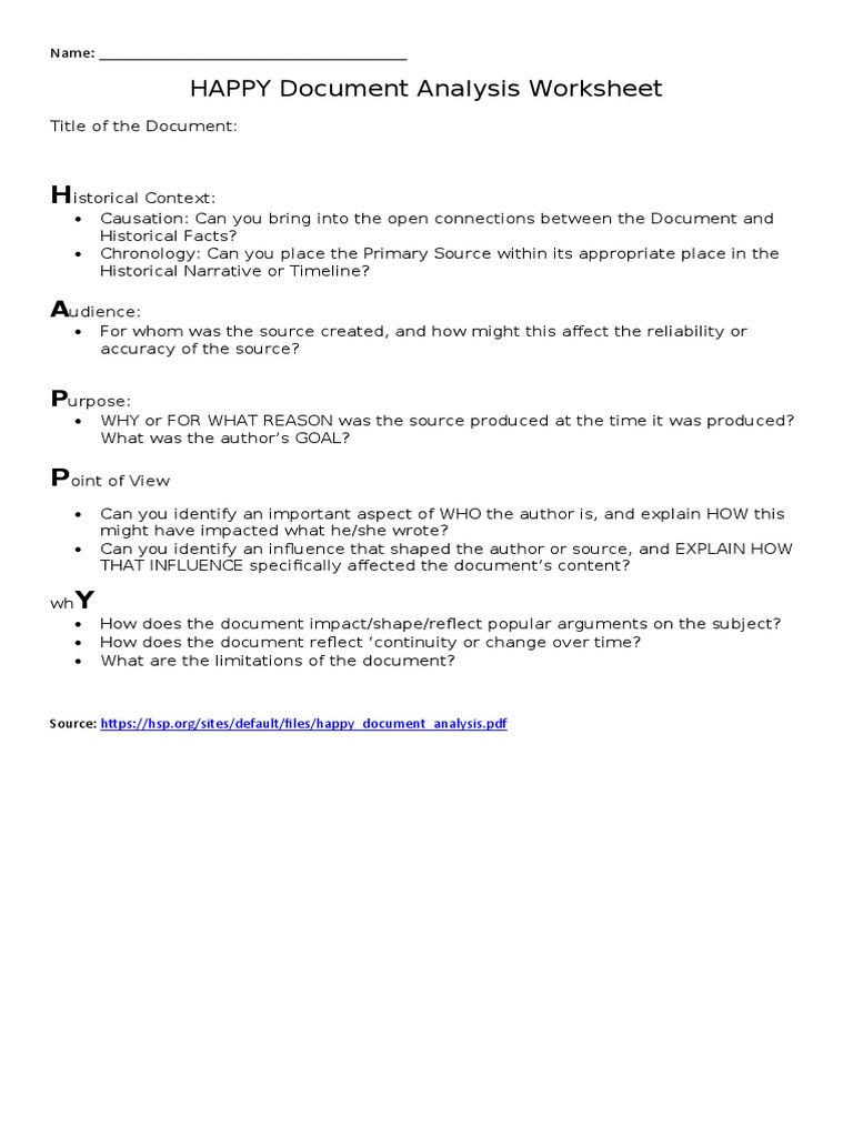 HAPPY Document Analysis Worksheet: Source | PDF | Historiography ...