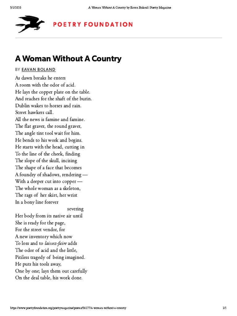 A Woman Without A Country by Eavan Boland - Poetry Magazine | PDF | Art ...