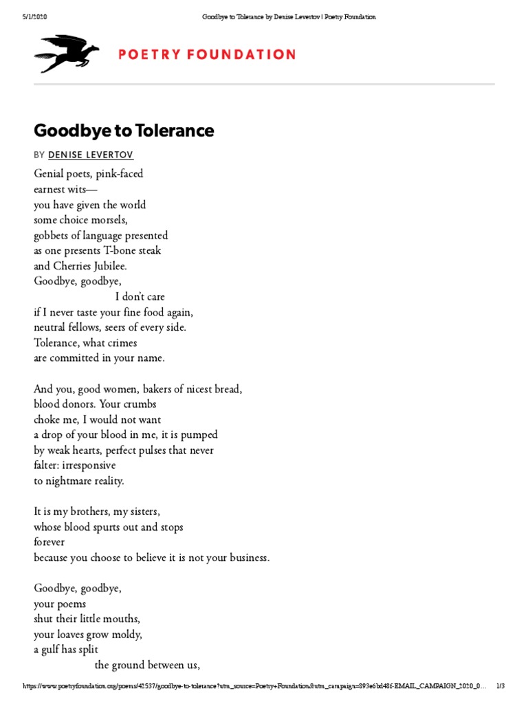 Goodbye To Tolerance by Denise Levertov - Poetry Foundation | PDF