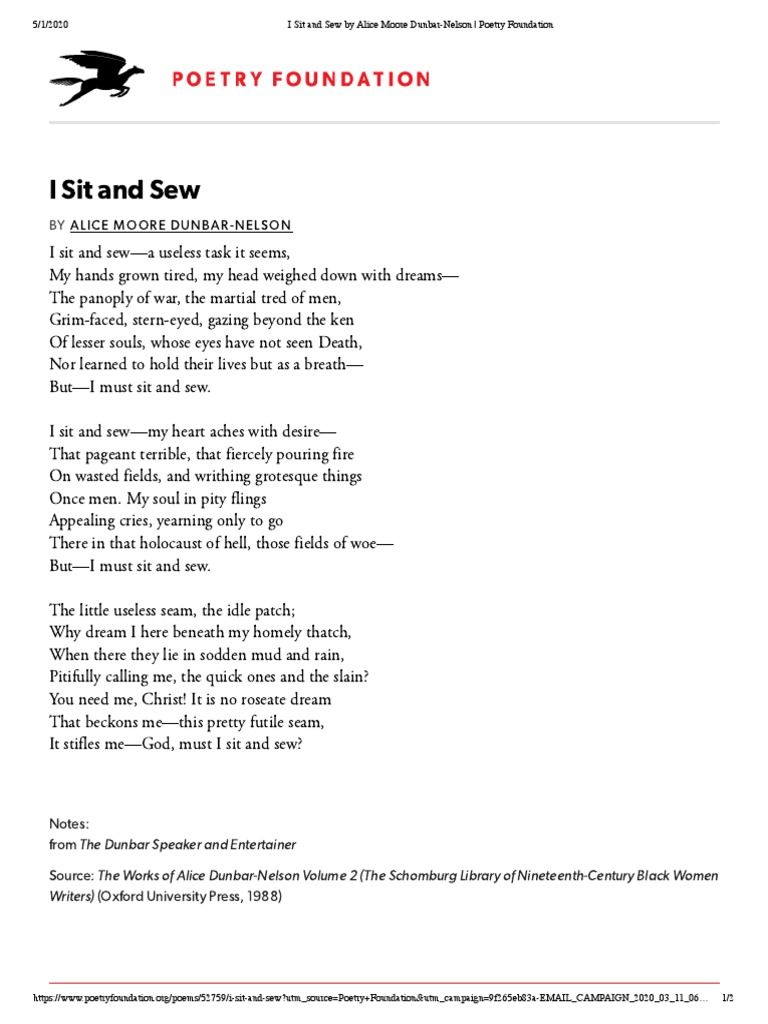 I Sit and Sew by Alice Moore Dunbar-Nelson - Poetry Foundation | PDF ...