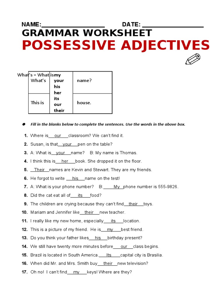 Possessive Adjectives Worksheet | PDF