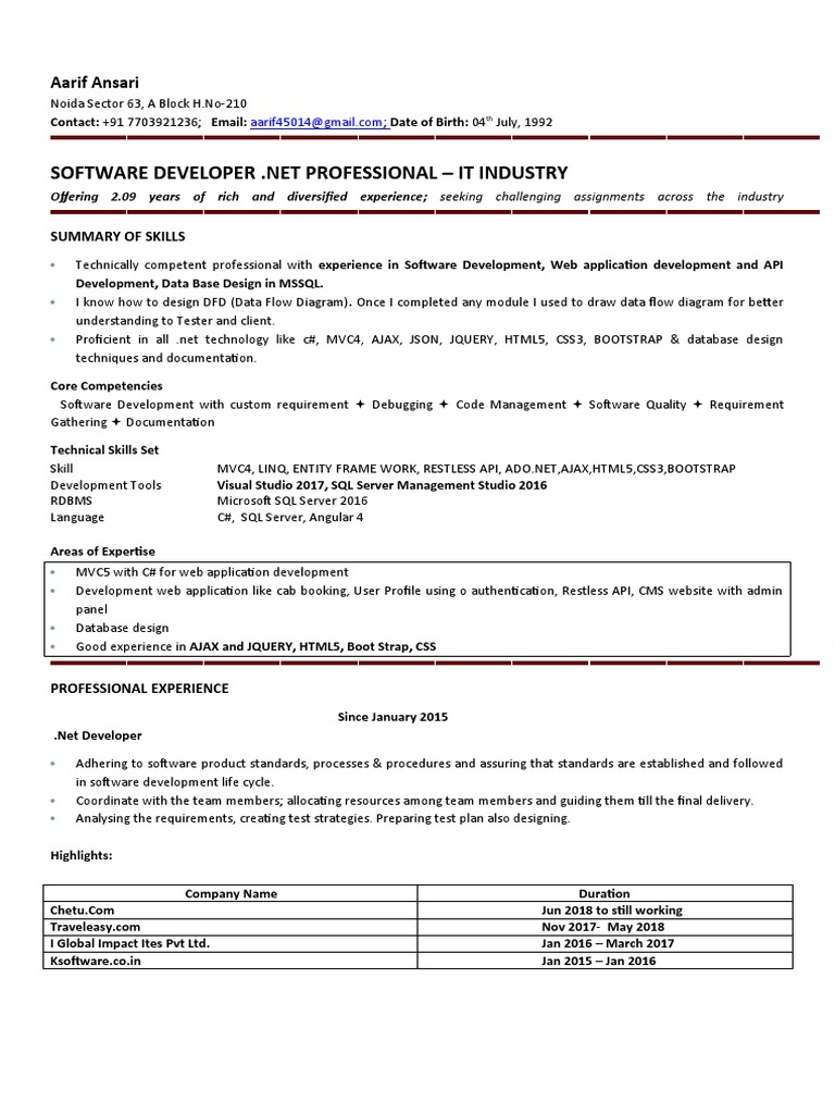 Aarif Ansari: Summary of Skills | PDF | Microsoft Sql Server | Web Application