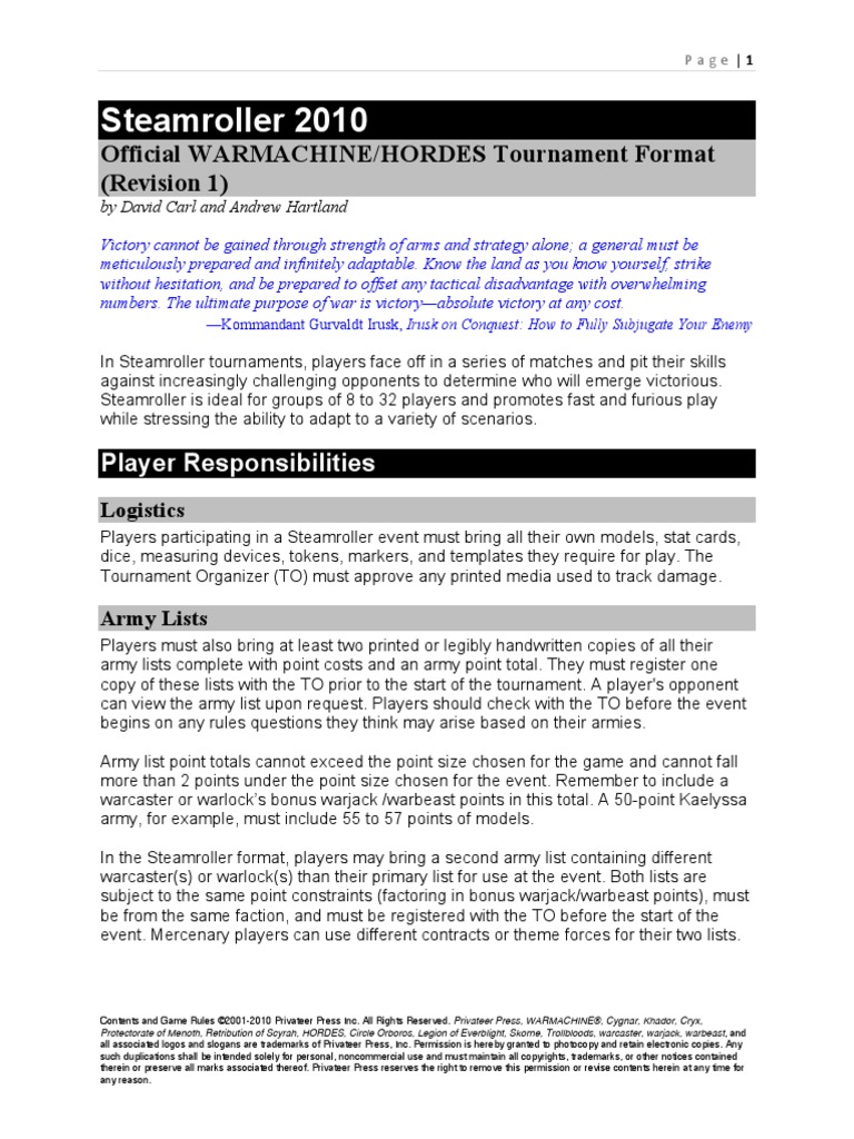 Steamroller 2010: Official WARMACHINE/HORDES Tournament Format ...