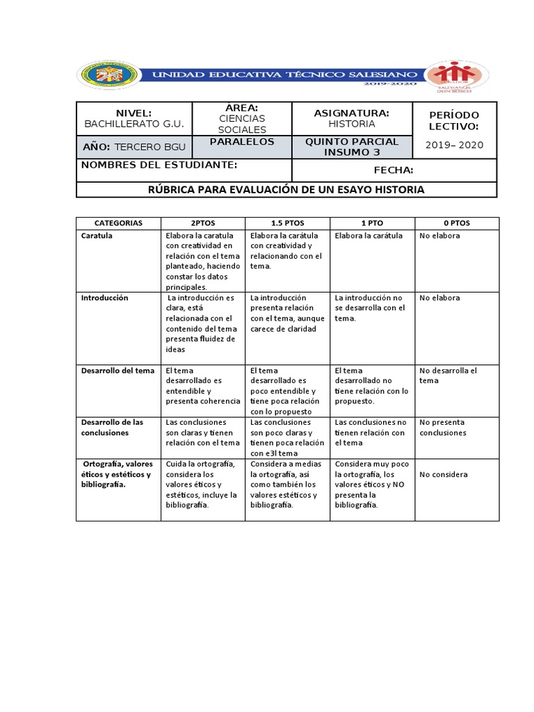 Rubrica para Evaluar Un Ensayo | PDF | Aprendizaje | Enseñando y ...