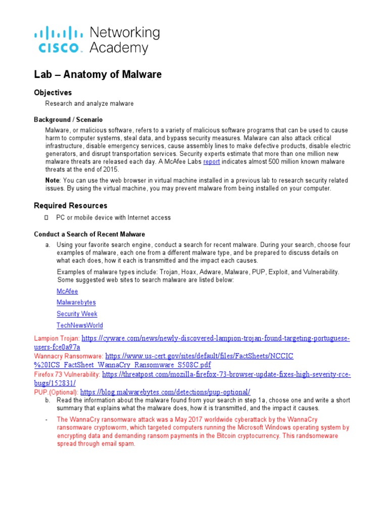 6 2 1 11 Lab Anatomy Of Malware Pdf Ransomware Malware