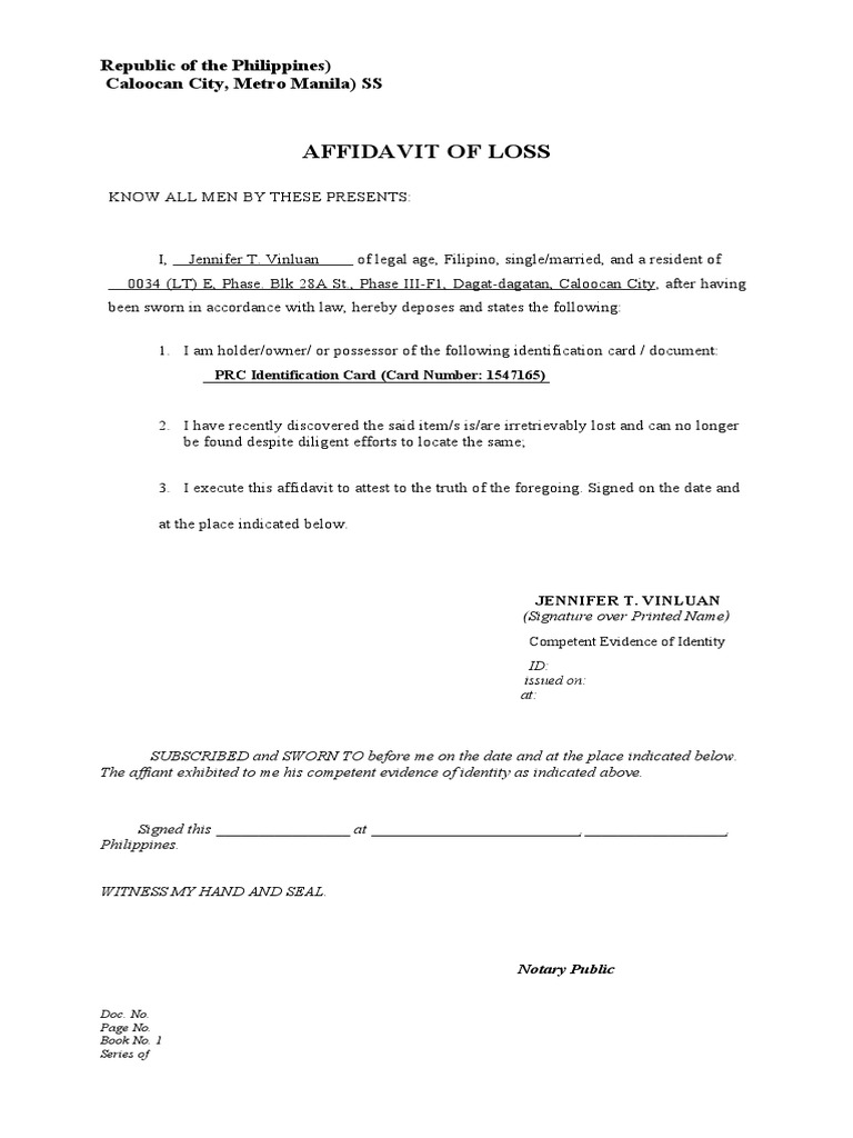 Affidavit of Loss for PRC ID | PDF