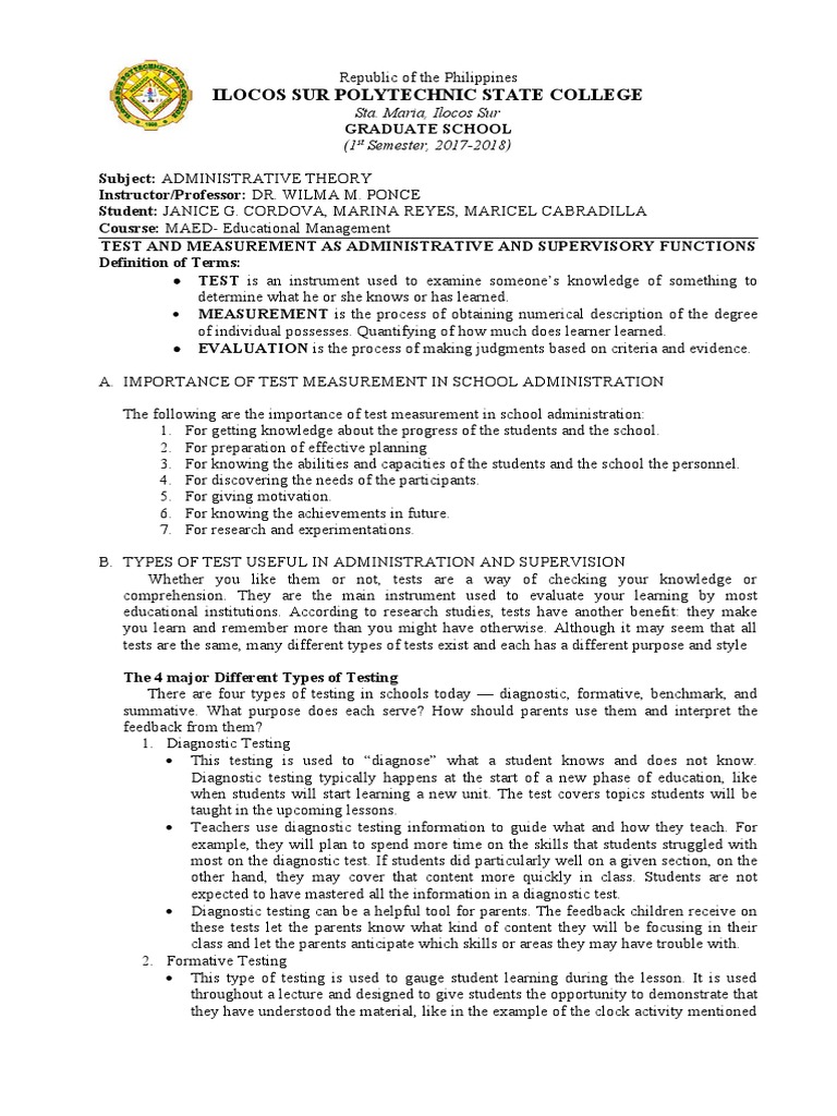 Test Measurement in School Administration | PDF | Test (Assessment ...