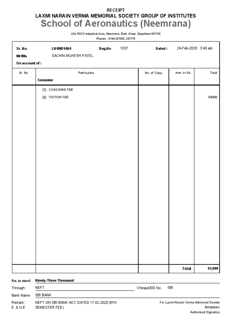 Fee Receipt for 8th Semester Aeronautics Student from Laxmi Narain ...