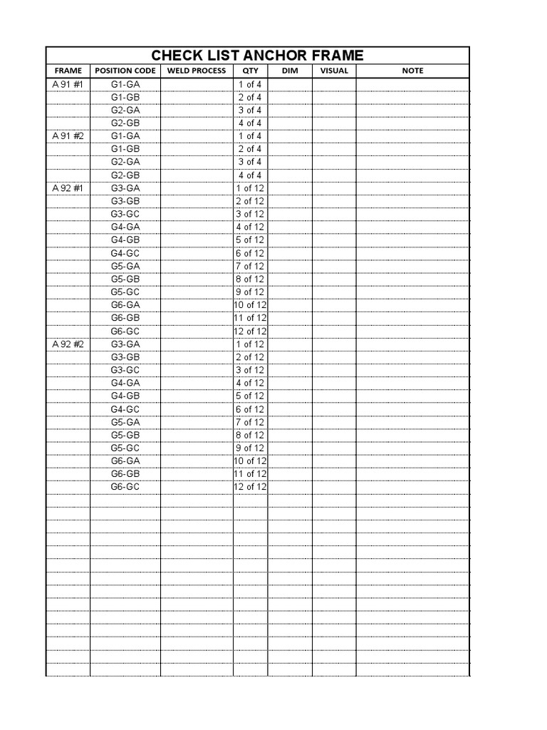 Check List Anchor Frame: Frame Position Code Weld Process QTY DIM ...