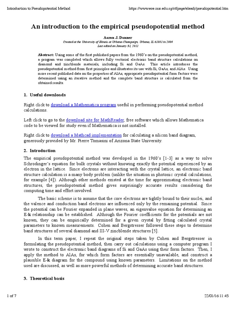 Introduction To Pseudopotential Method Pdf Electronic Band