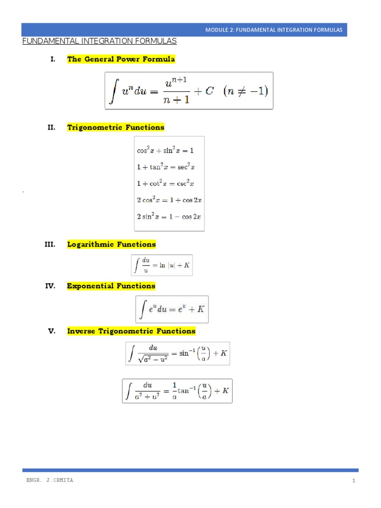 I. The General Power Formula: Fundamental Integration Formulas | PDF ...