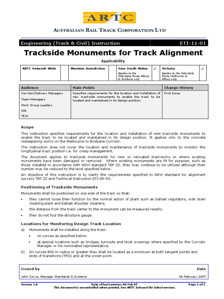 ARTC ETI-11-01 - Track Side Monuments PDF | PDF | Track (Rail Transport ...