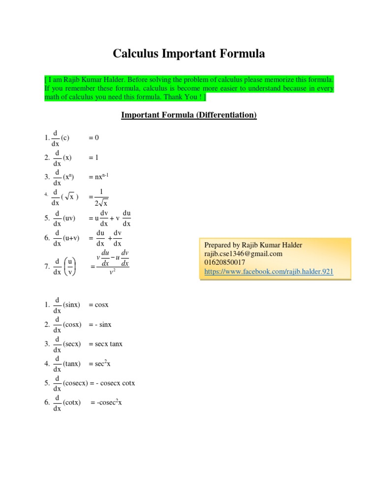 Cal Formula | PDF | Subtraction | Lie Groups