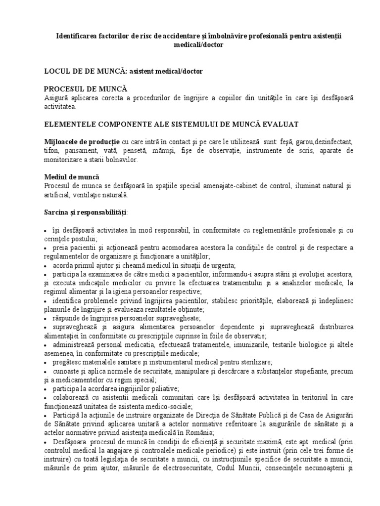 Evaluare Risc SSM Asistent Medical | PDF