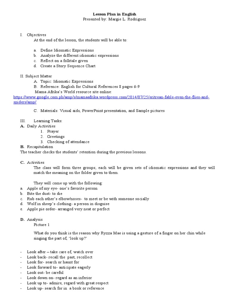 Lesson Plan in English: Spiders/amp | PDF | Lesson Plan | Cognition