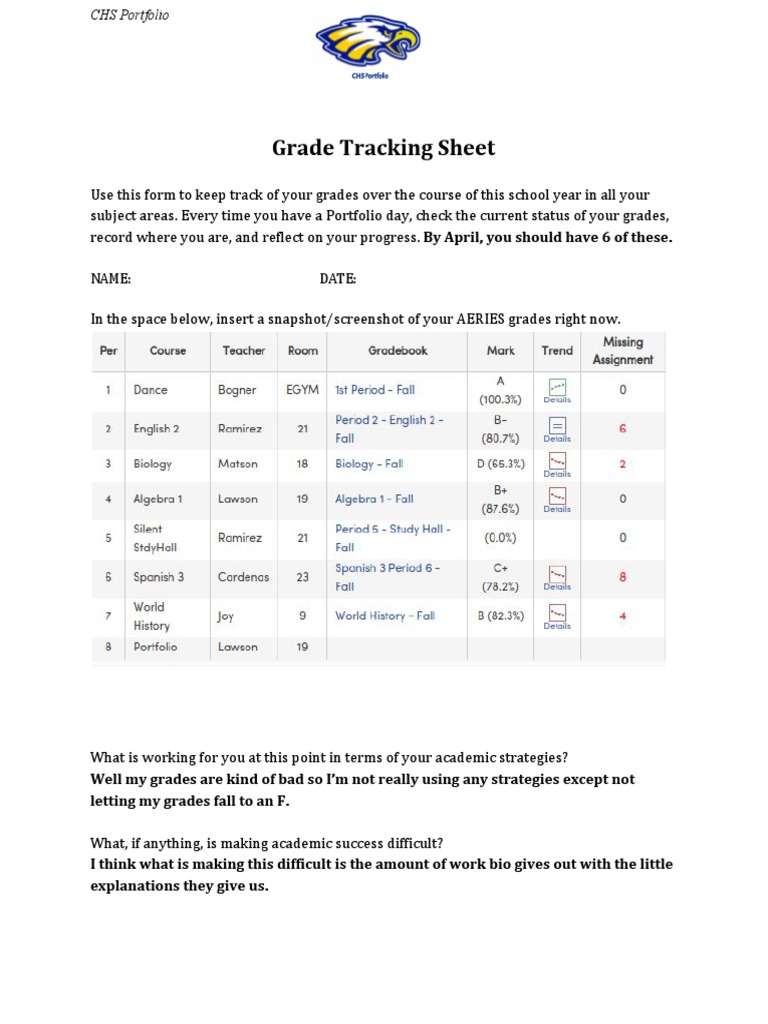 Grade Tracking Sheet 2 | PDF