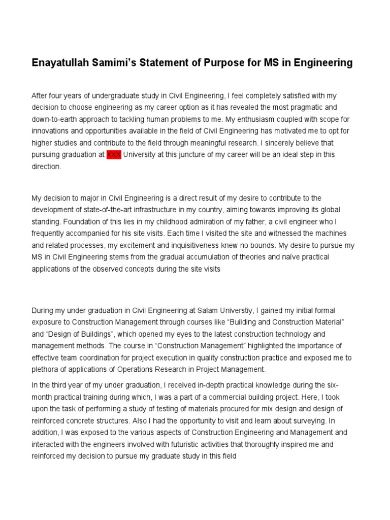 Enayatullah Samimi's Statement of Purpose For MS in Engineering | PDF ...