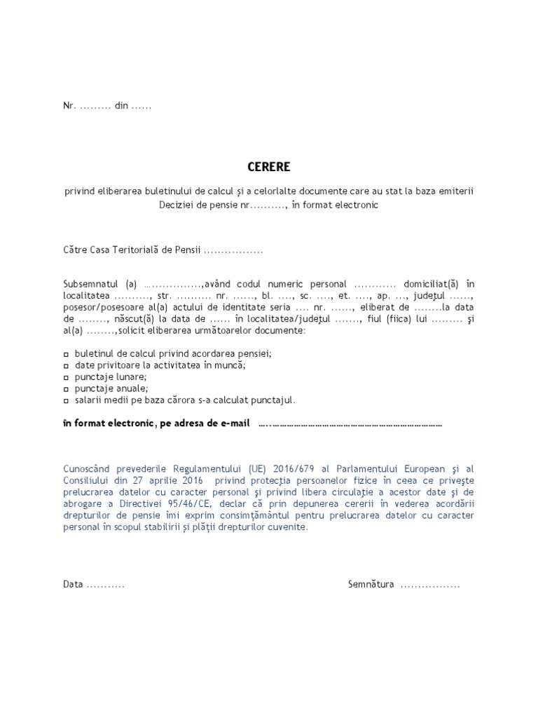 Cerere Buletin de Calcul Si Date Privitoare La Calculul Pensiei