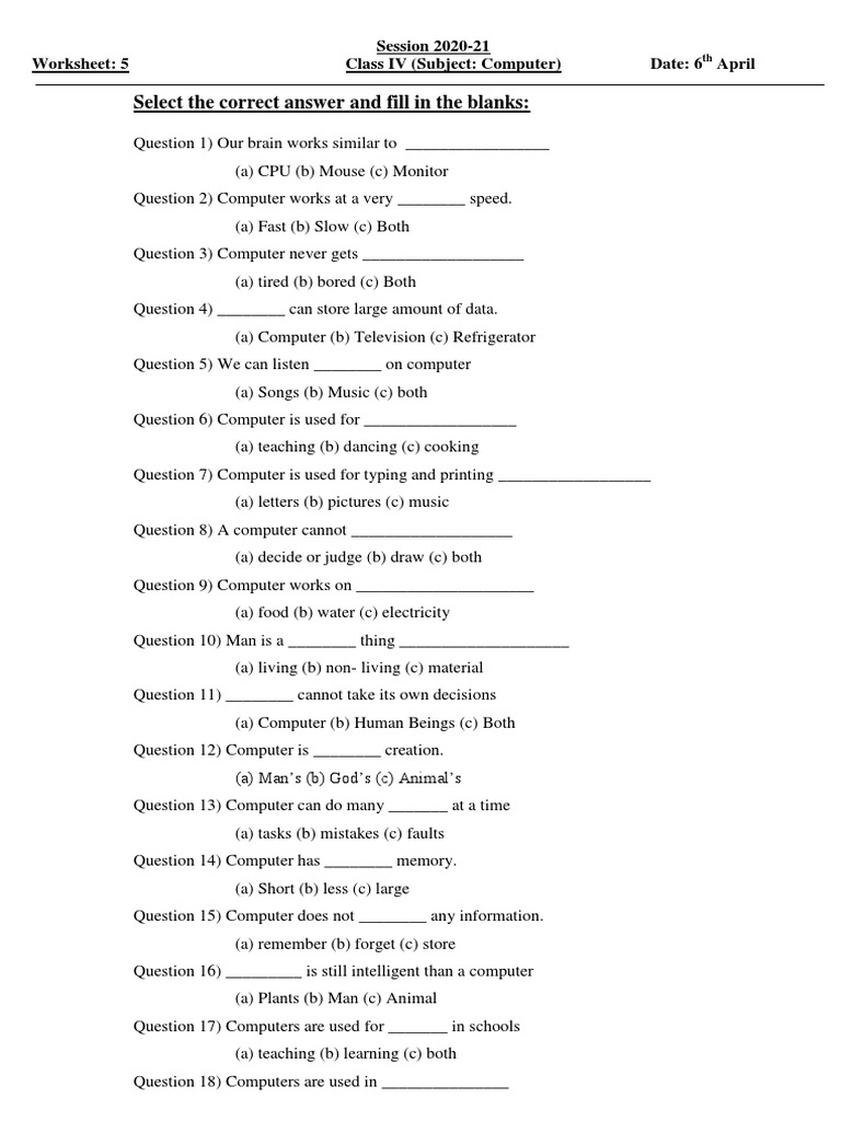 Class 4th Computer Worksheet-5 | PDF | Computer Keyboard | Input/Output