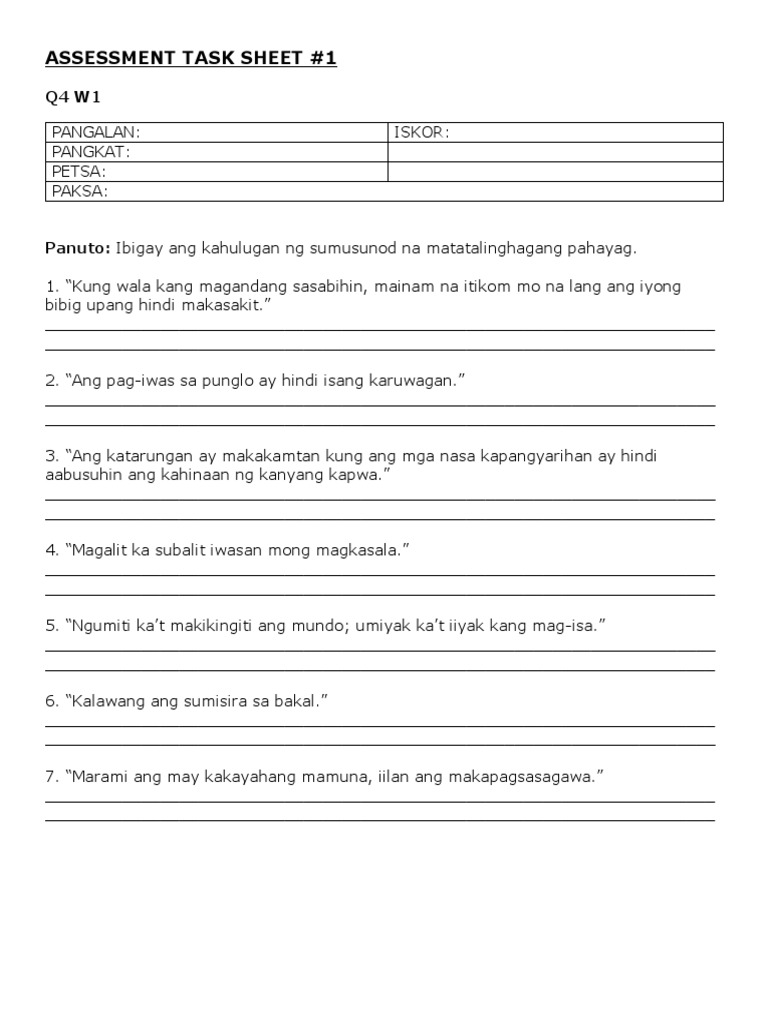 Assessment Task Sheet q4 w1 | PDF