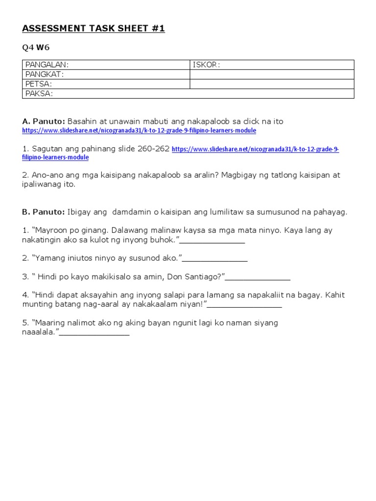 Assessment Task Sheet q4 w6 | PDF