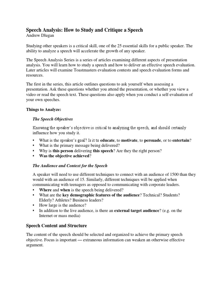Speech Analysis: How To Study and Critique A Speech | PDF | Speech ...
