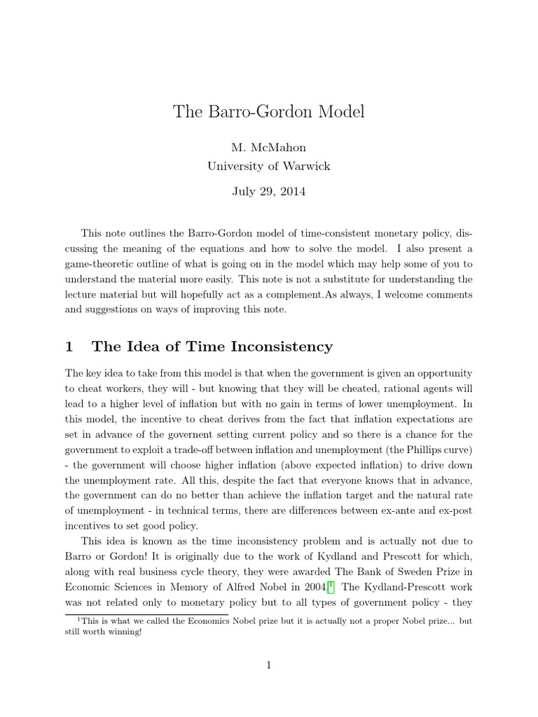 The Barro-Gordon Model: 1 The Idea of Time Inconsistency | PDF ...