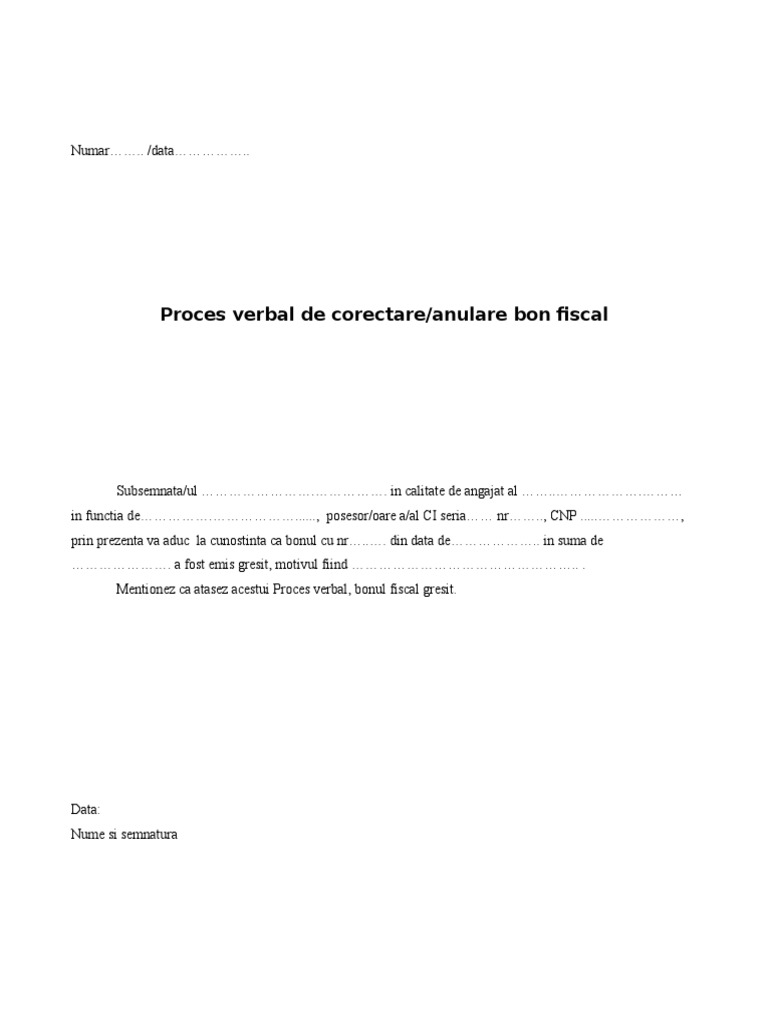 Proces Verbal de Anulare Bon Fiscal Pentru Inregistrarea in ...