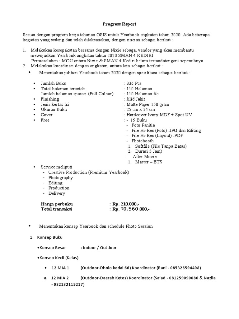 Laporan Progres Yearbook SMAN 4 Kediri | PDF