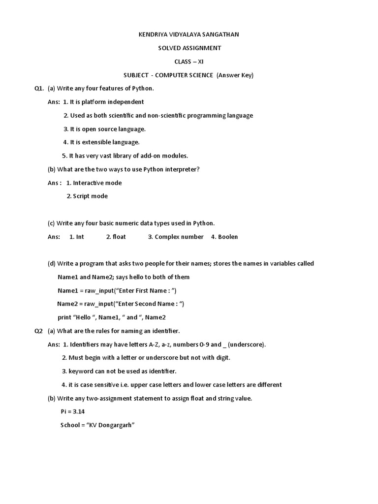 Kv Solved Assignment Computer Science Answer Key Pdf Python