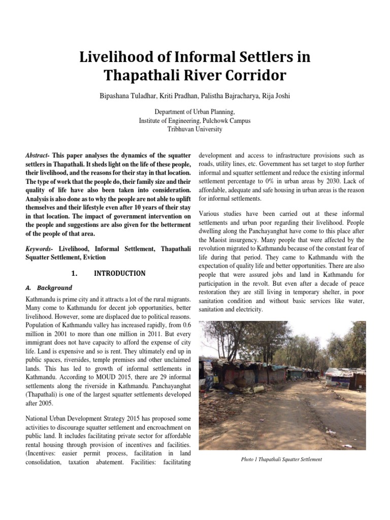 Livelihood of Informal Settlers in Thapathali River Corridor | PDF ...