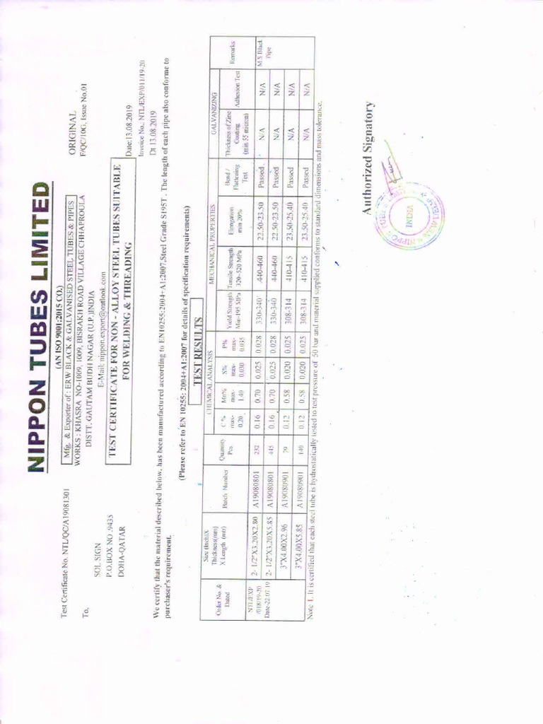 MILL TEST CERTIFICATE
