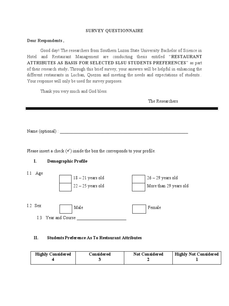 Survey Questionnaire Dear Respondents ,: I. Demographic Profile | PDF ...