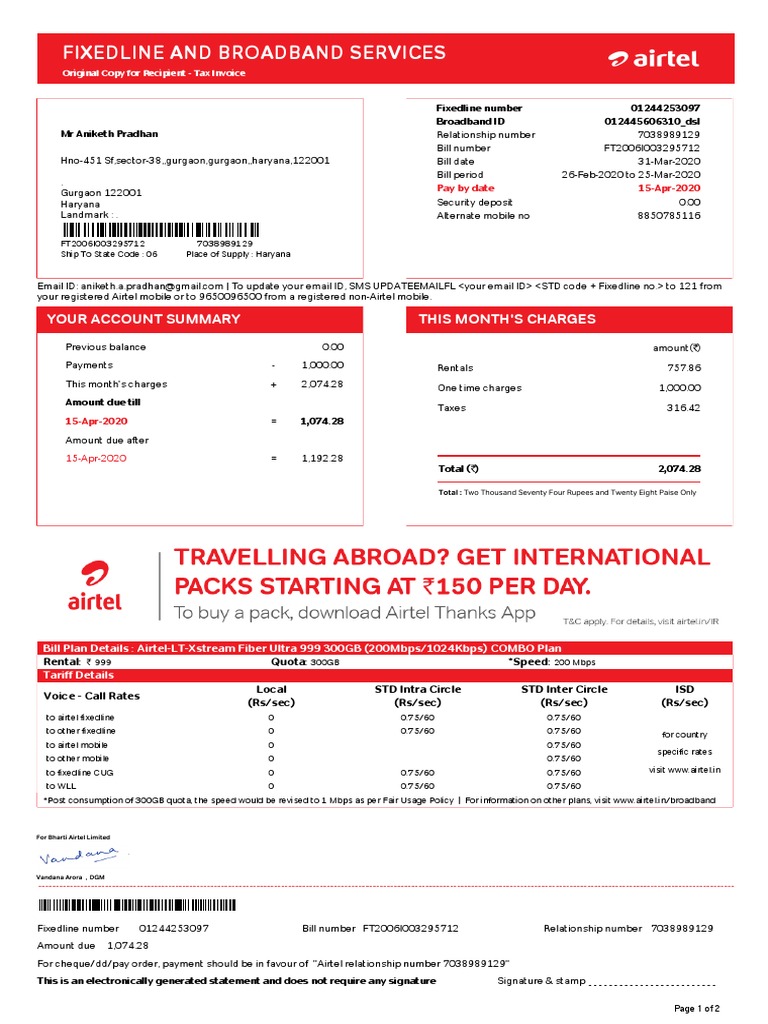 Airtel Broadband Bill Summary - March 2020 | PDF | Payments | Credit Card