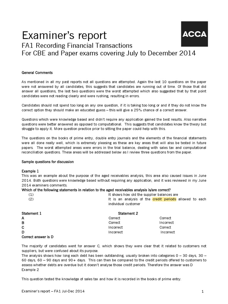 Acca Fa1-Examreport-D14 | PDF | Debits And Credits | Bookkeeping