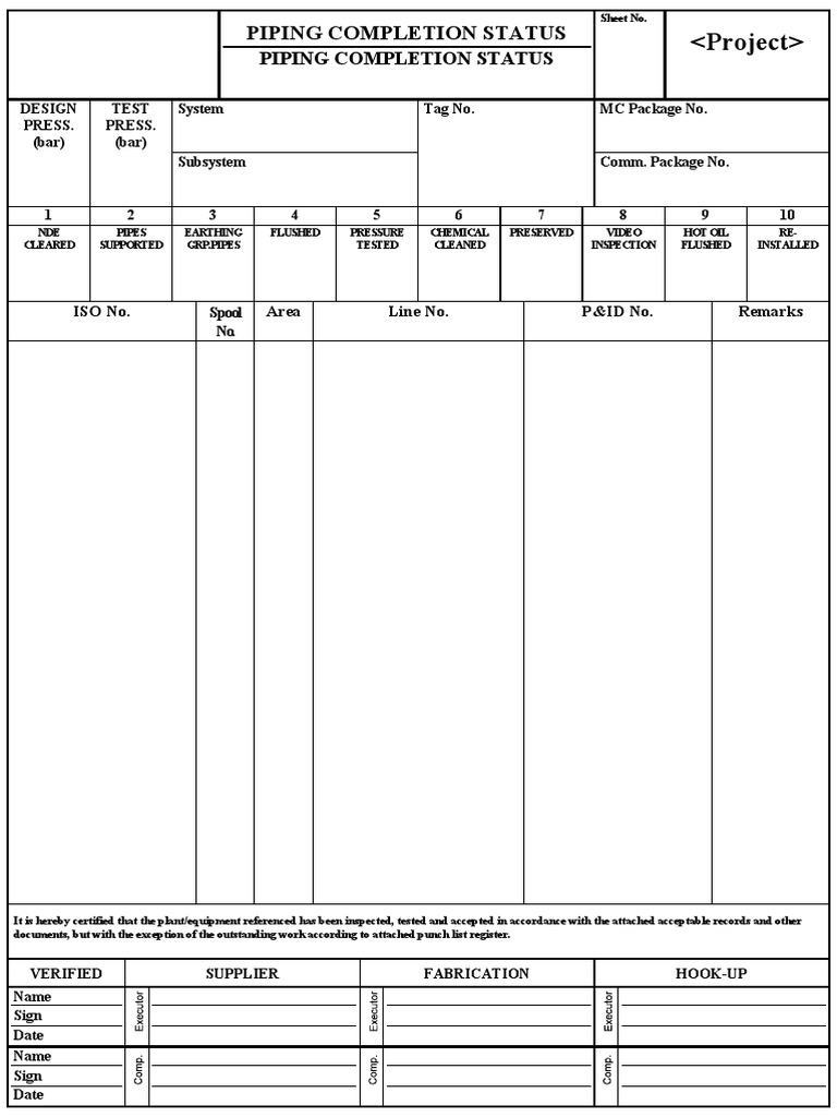 Piping Completion Status | PDF