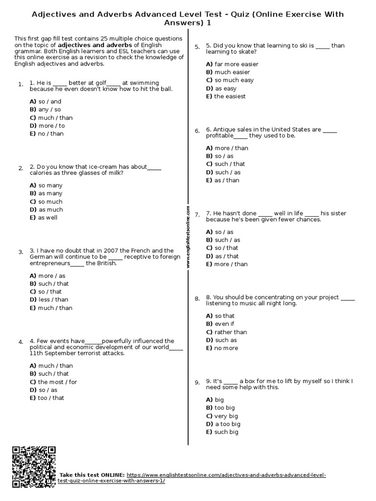 ESL Adjective & Adverb Quiz | PDF | Multiple Choice | Learning