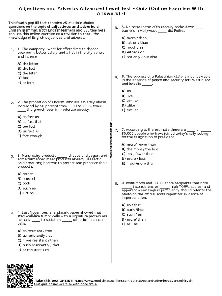342 - Adjectives and Adverbs Advanced Level Test Quiz Online Exercise ...