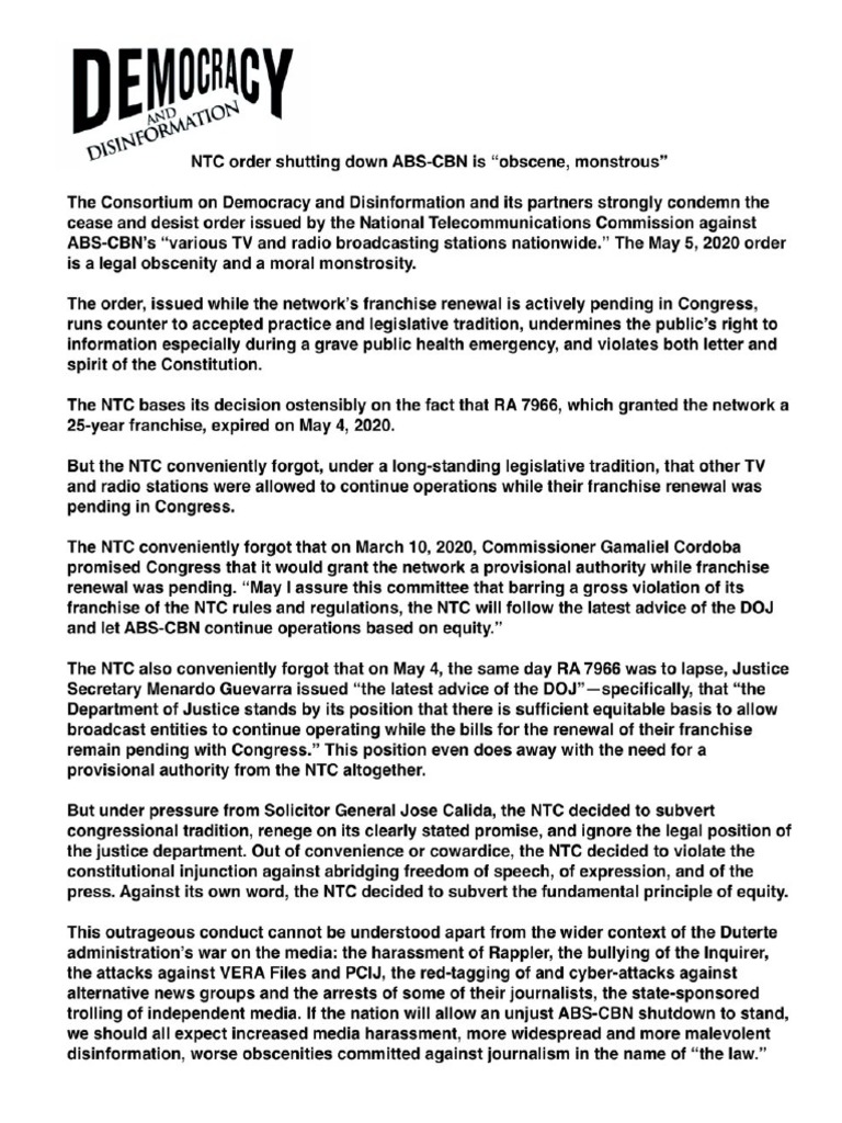 Consortium: NTC Order Shutting Down ABS-CBN Is "Obscene, Monstrous" | PDF