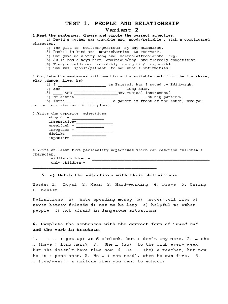 People and Relationships Test Exercises | PDF | Foreign Language Studies