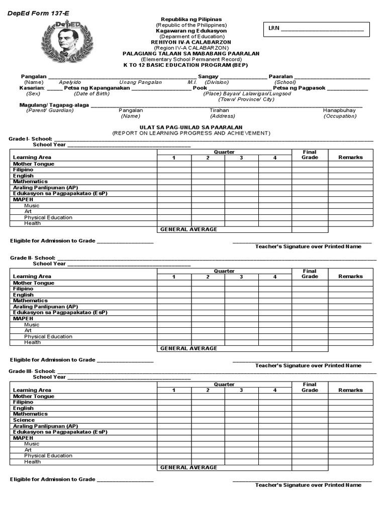 DepEd Form 137-E Report Card | PDF | Advanced Placement | Value (Ethics)